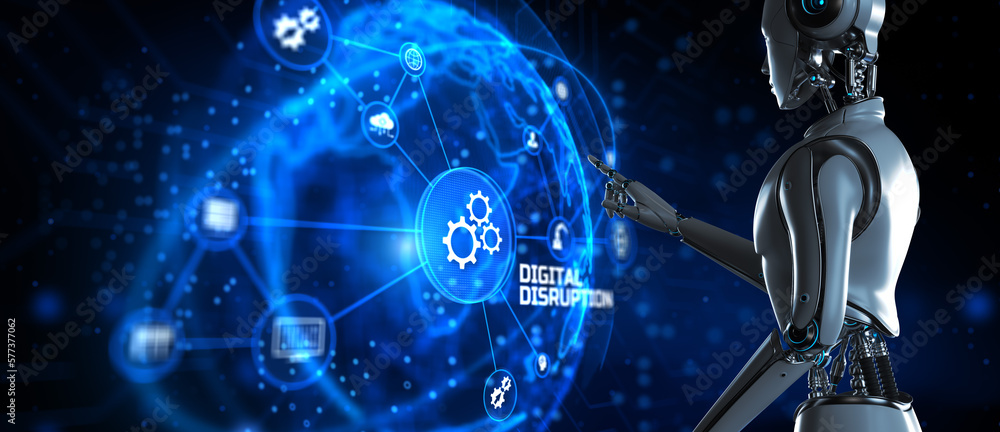 Digital disruption transformation disruptive innovation concept. Robot ...