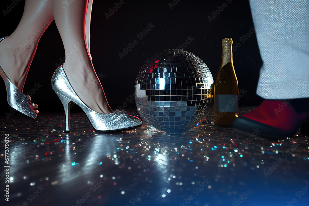 Pair of feet at a new years eve countdown party with confetti ...