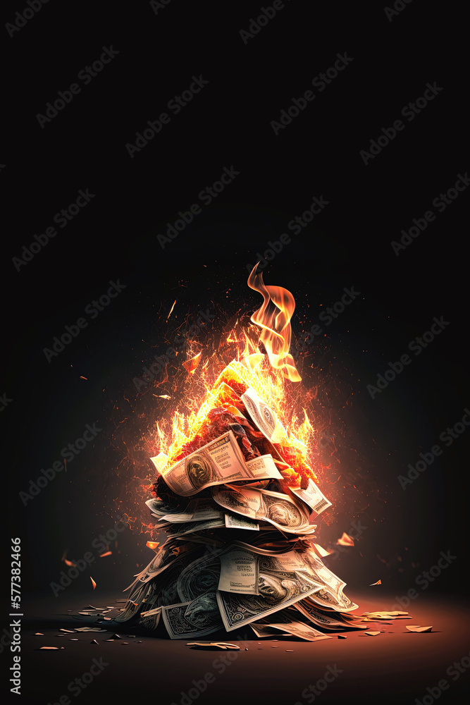 Inflation or burning money concept with pile of dollar bills on fire ...