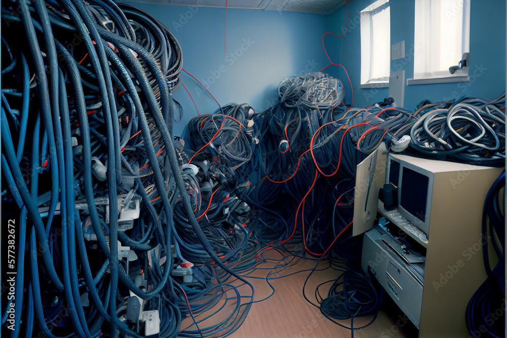 Network server room. Cables on network switches background. Data center ...