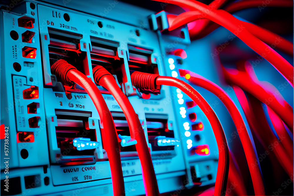 Network server room. Cables on network switches background. Data center ...