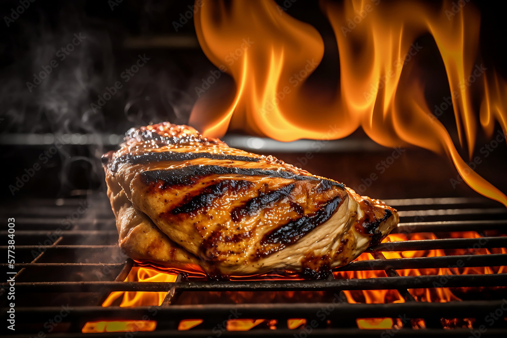 Chicken on a flaming grill. Close-up of a juicy seared piece of meat ...
