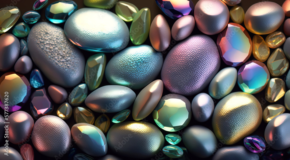 Pebbles, metallic, stones iridescent cobbles, background. builder for ...