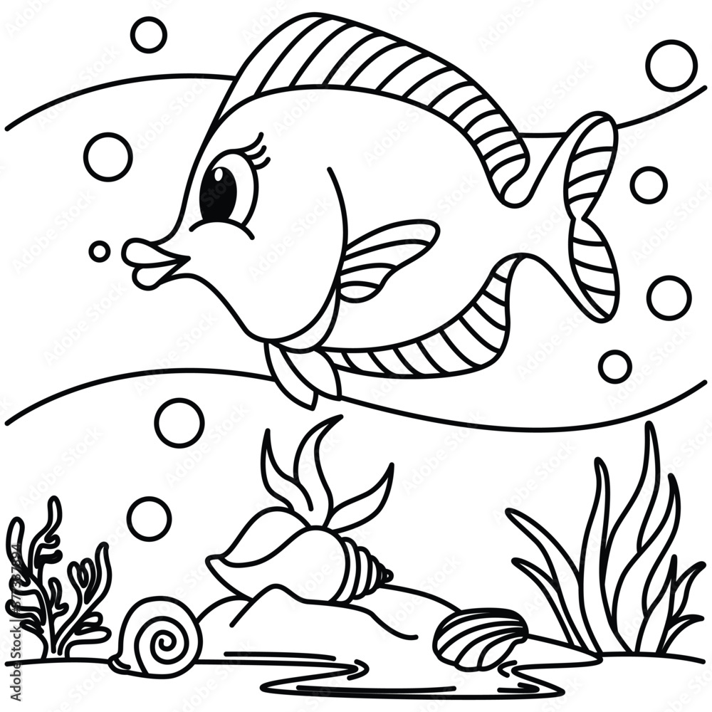 Funny fish cartoon vector coloring page Stock Vector | Adobe Stock
