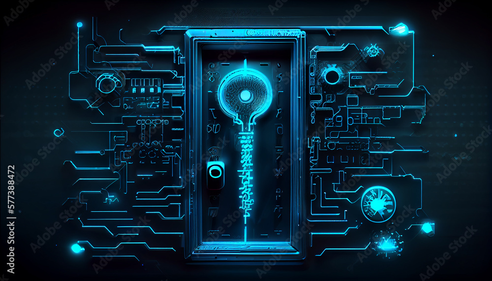concept of cyber security or private key, abstract neon digital key ...