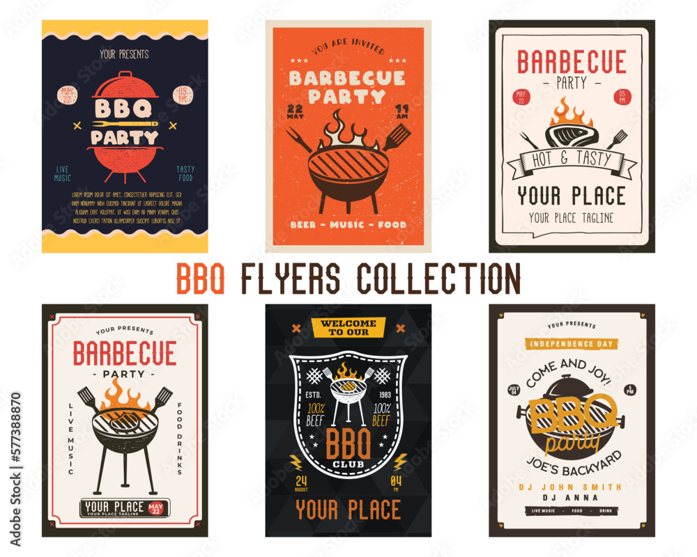 Retro BBQ party flyer templates set. BBQ grill cards for social media ...
