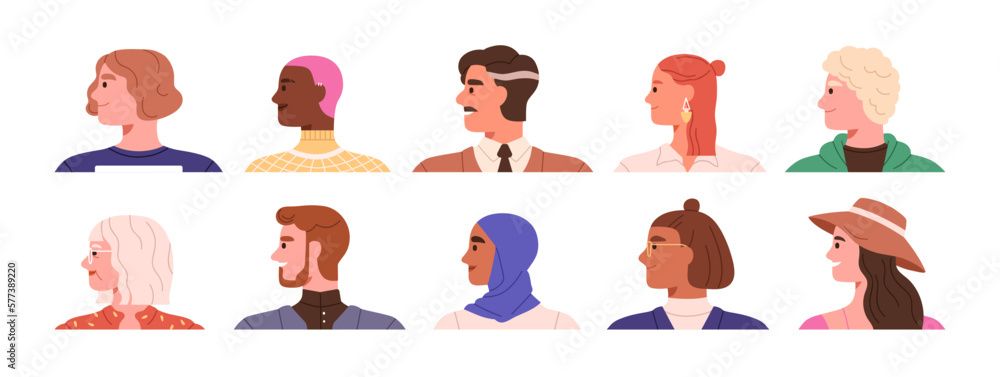 People faces profiles set. Diverse happy men and women head portraits ...