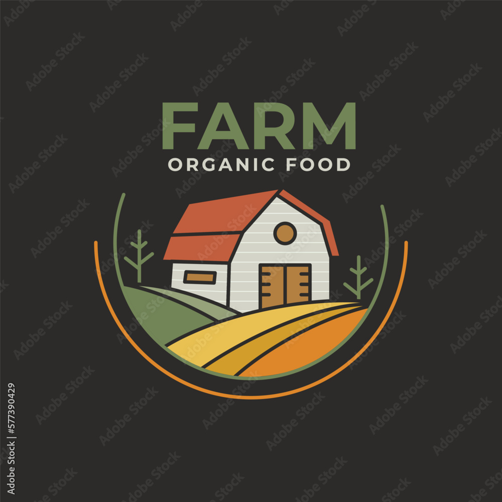 Farm Logo vector template with barn and farmer landscape. Locally grown ...