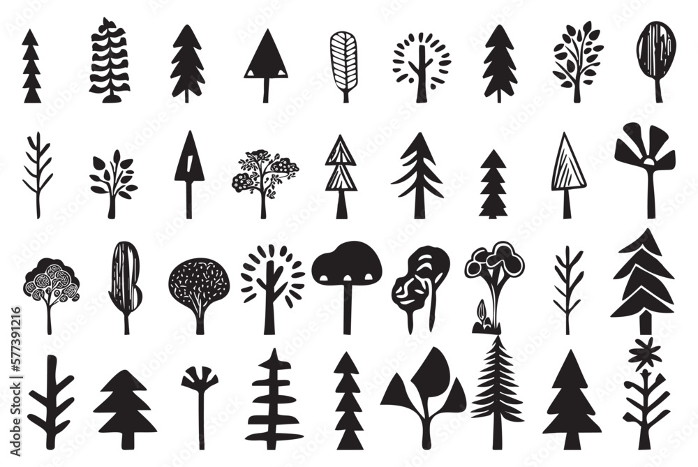 Set of woodland tree vector motifs. Collection of botanical forest ...