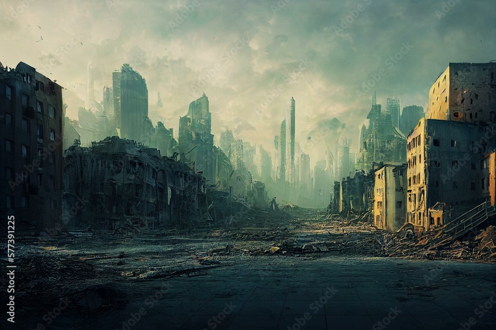 Ruined cityscape with destroyed buildings. Digital art painting for ...
