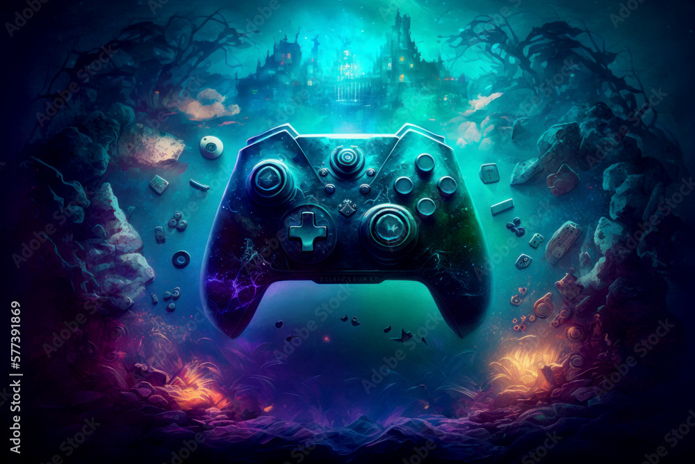 Gaming controller surrounded by a fantasy game environment. Generative ...