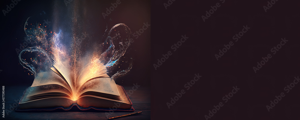 magic book with knowledge light, magical swirls and power, very old ...