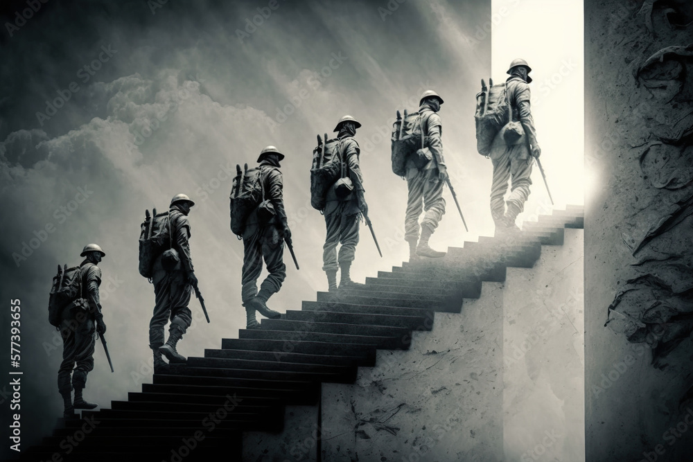 A line of soldiers standing on the stairs to heaven, concept of Uphill ...