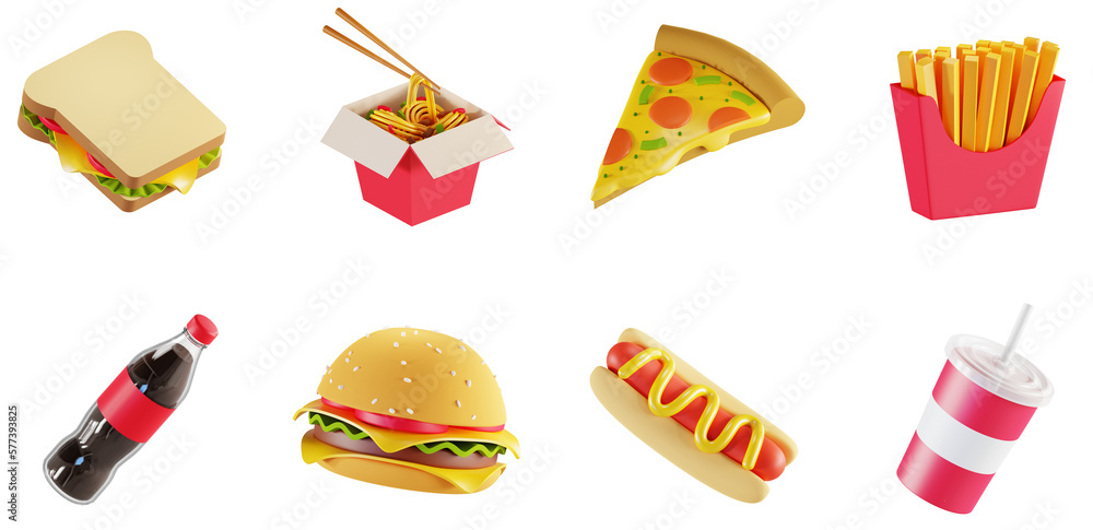 3D Fast Food Icons Set Sandwich French Fries Hotdog Burger Pizza ...