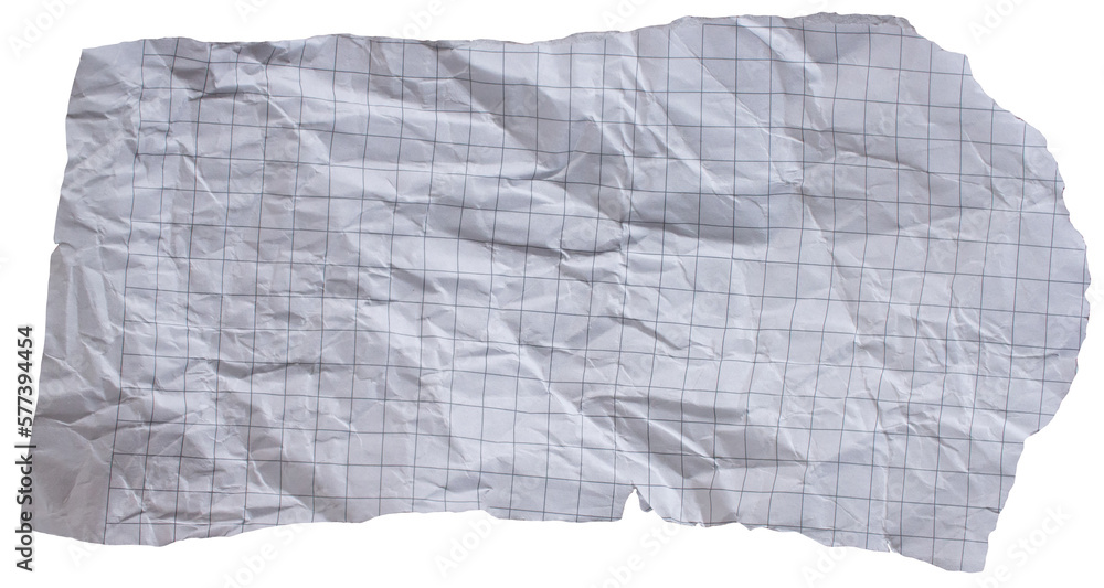 Crumpled graph paper on transparent background. Png paper piece. Stock ...