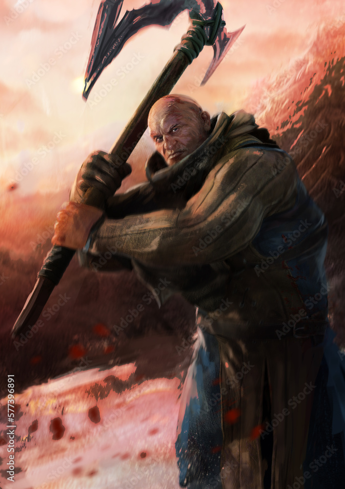 A giant evil muscular bald warrior holds a huge ax in his hands, his ...