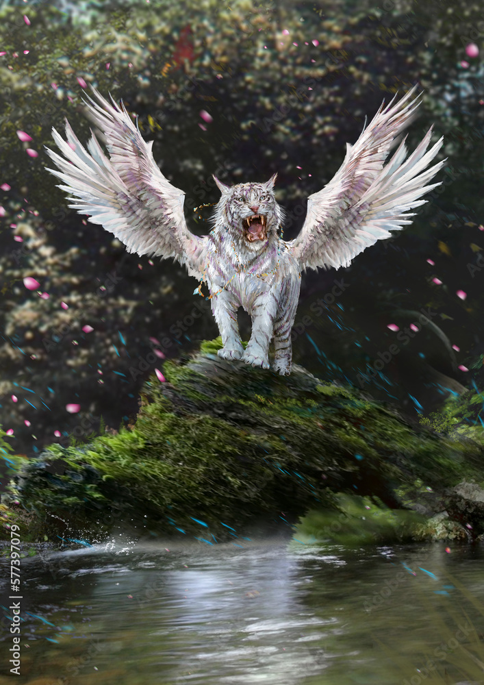 An epic sacred white tiger with angel wings stands on a moss-covered ...