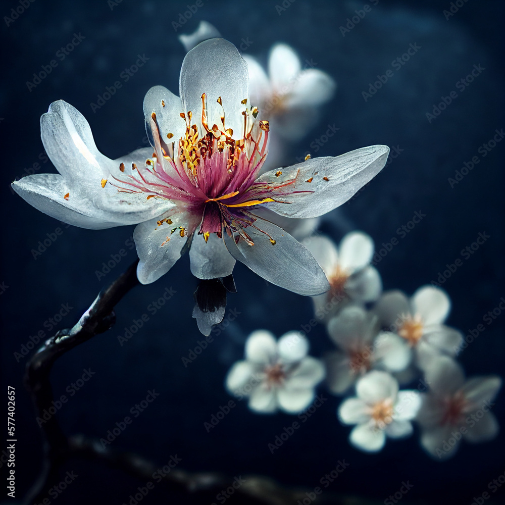 sakura blossom flower detailed stamens closeup single on stone in water ...
