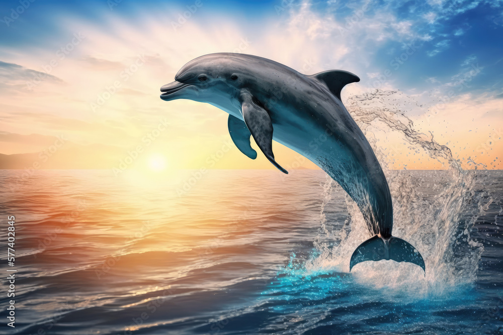 dolphin jumping out of ocean water with splash made by generative ai ...