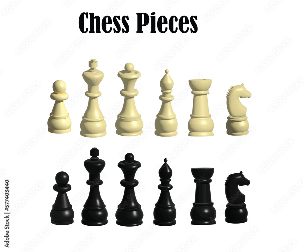 3D rendering of all six different chess pieces of black color standing ...