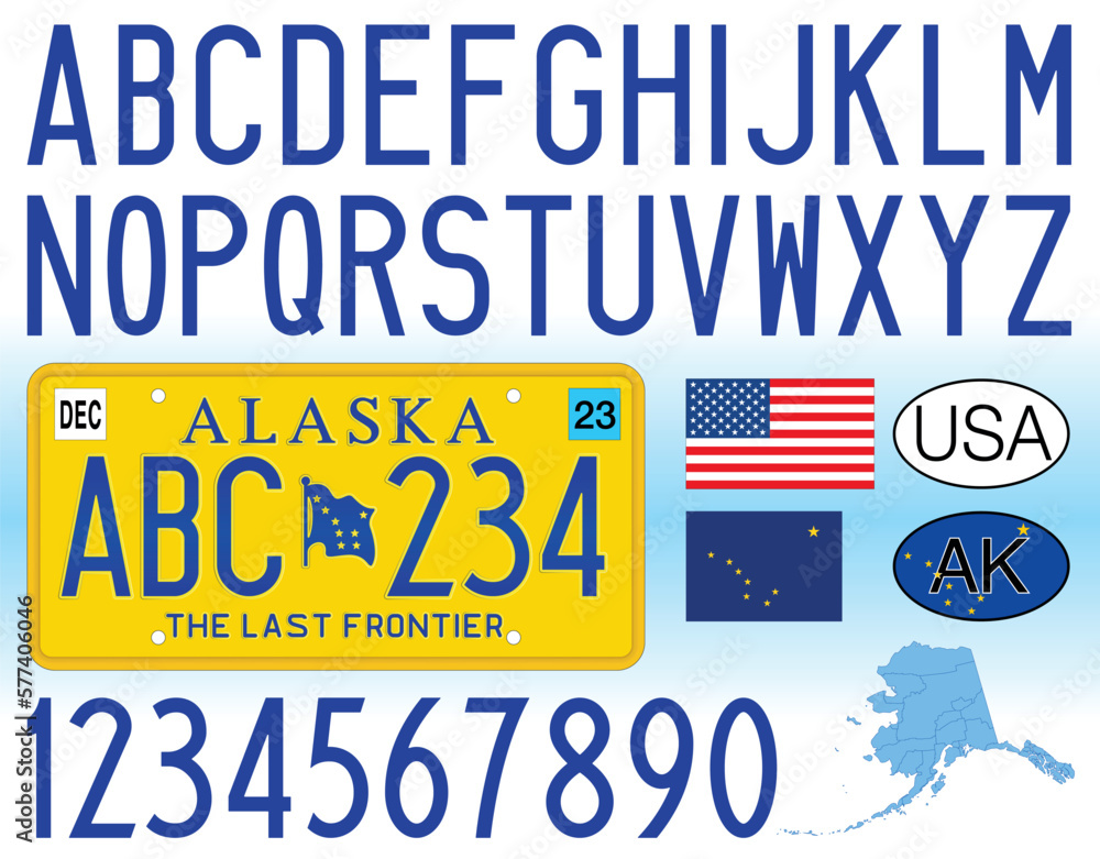Alaska US State car license plate, letters, numbers and symbols, vector ...
