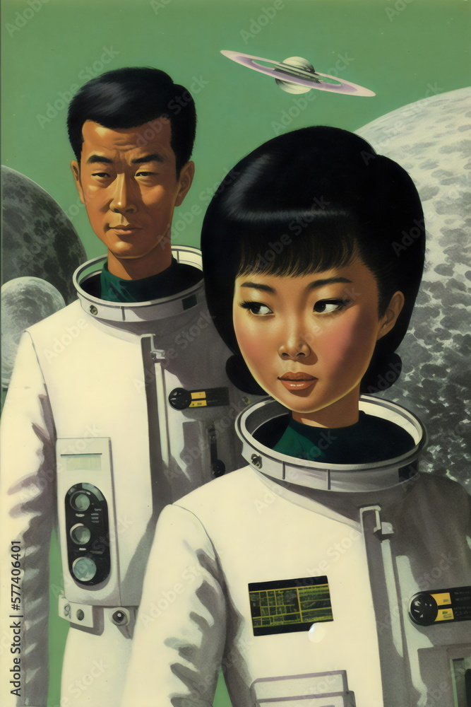 vintage sci-fi painting of asian man and woman astronauts on alien ...