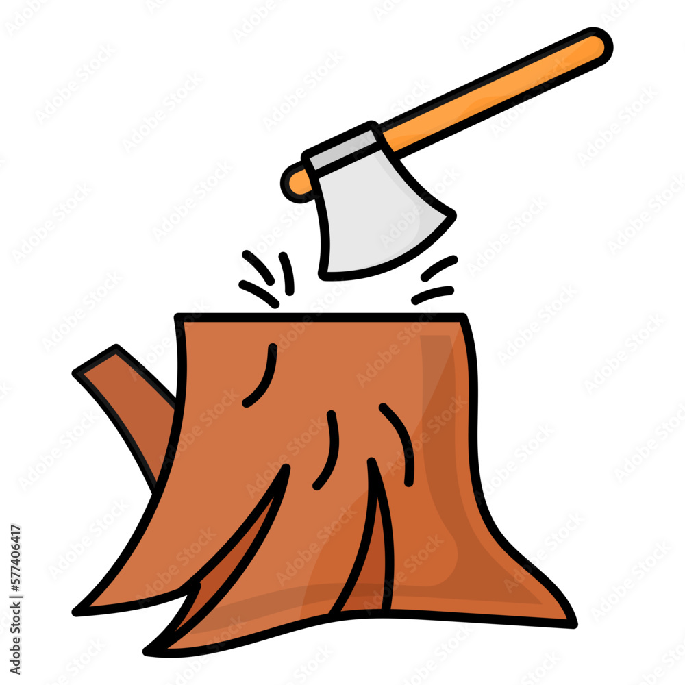 deforestation outline color concept, half cut tree with axe vector icon ...
