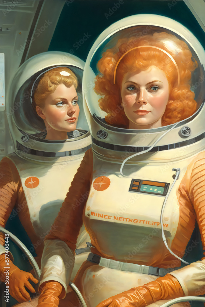 vintage sci-fi painting of man and woman astronauts on alien planet ...