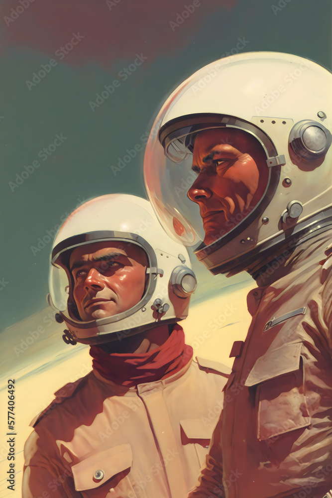 vintage sci-fi painting of two male astronauts wearing helmets on alien ...