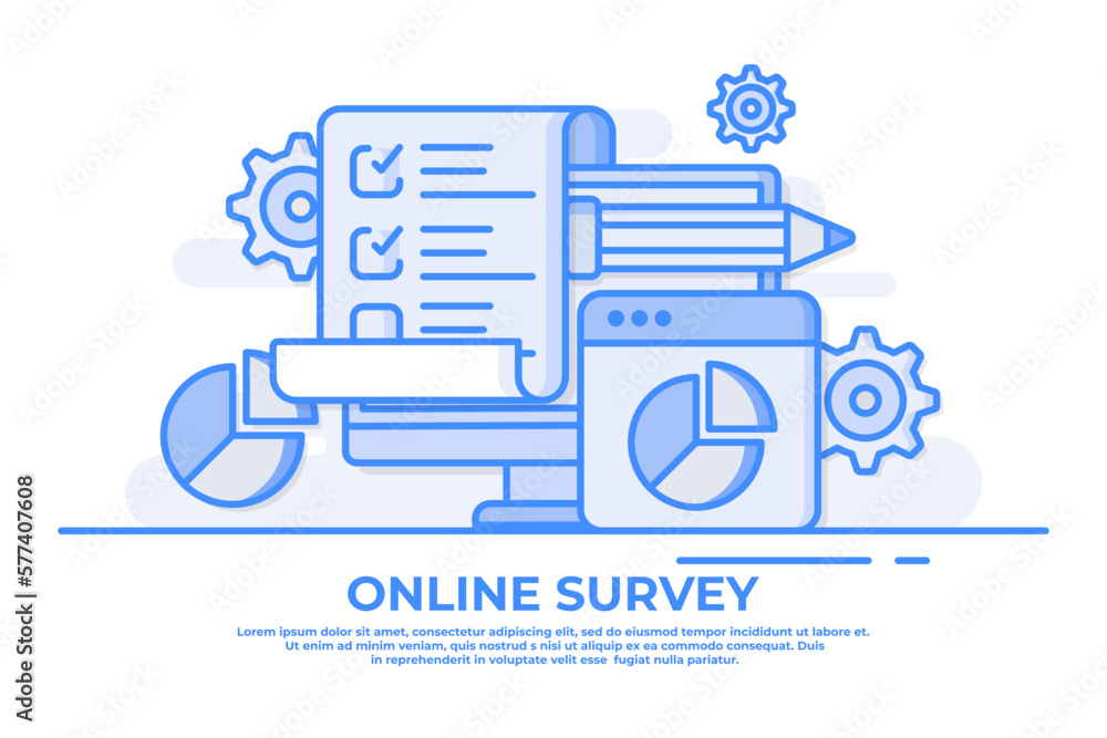 Online survey on desktop computer flat illustration for business ...