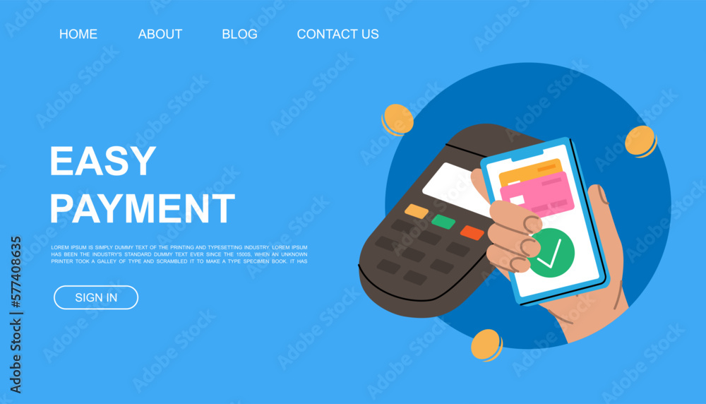 NFC payment website template. Smartphone payment with POS terminal. Mobile banking app and e ...