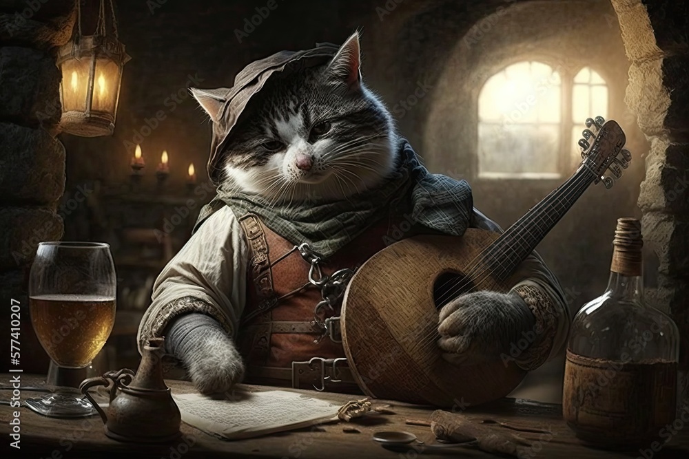illustration of a cute bard cat with his lute, medieval tavern in ...