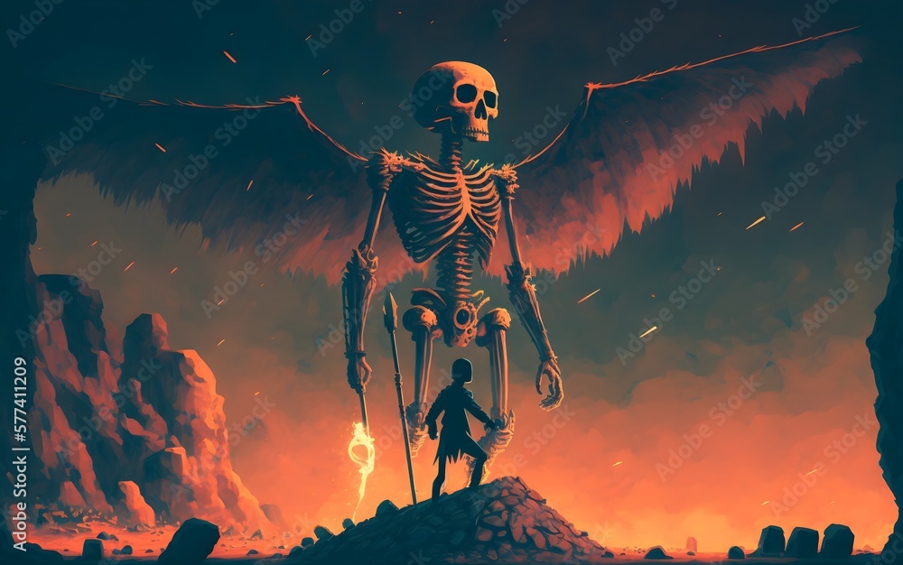 man with his spear waking up the giant skeleton from hell, digital art ...