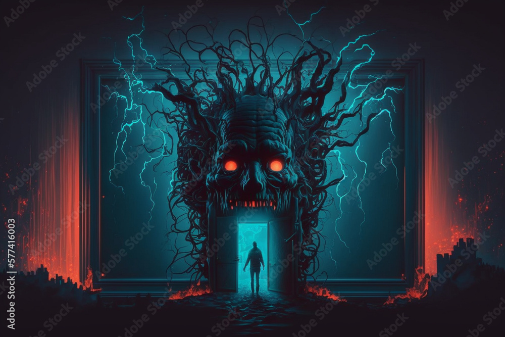 Scary dark horror neon surrealism wallpaper Generative AI Stock ...