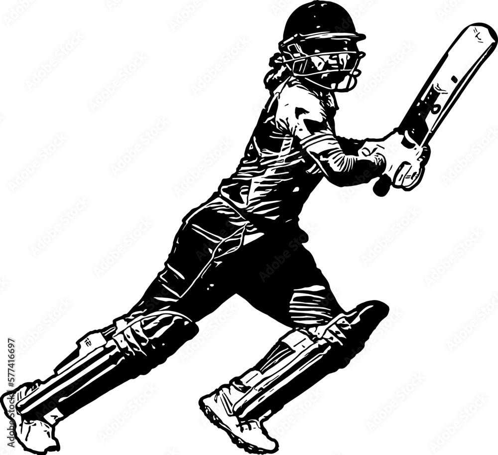 Silhouette Of Woman Cricket Batsman Female Cricketer Sketch Drawing Line Art Vector