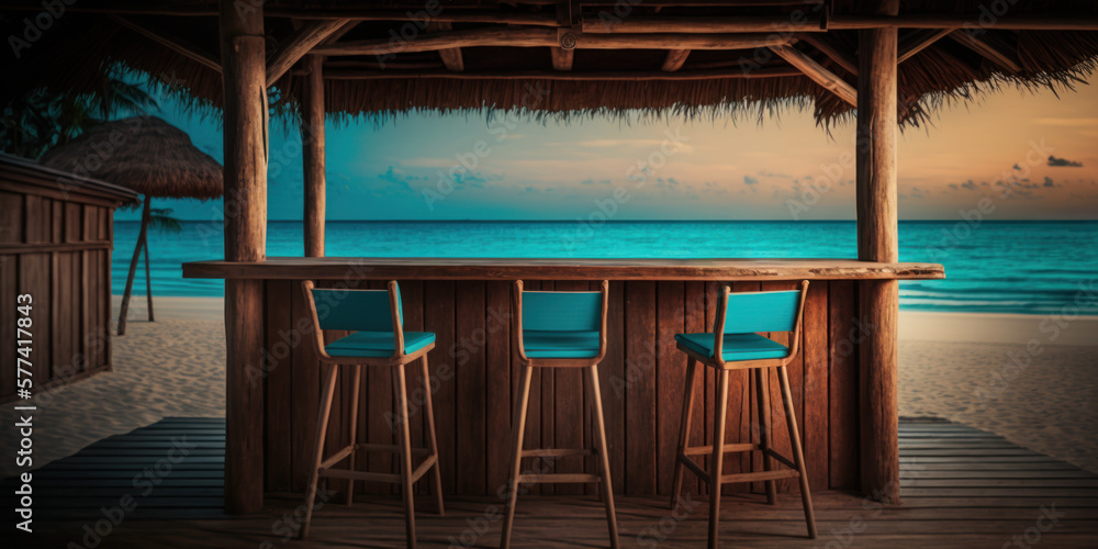 Plateau de table en bois, bar de plage avec fond flou de plage ...
