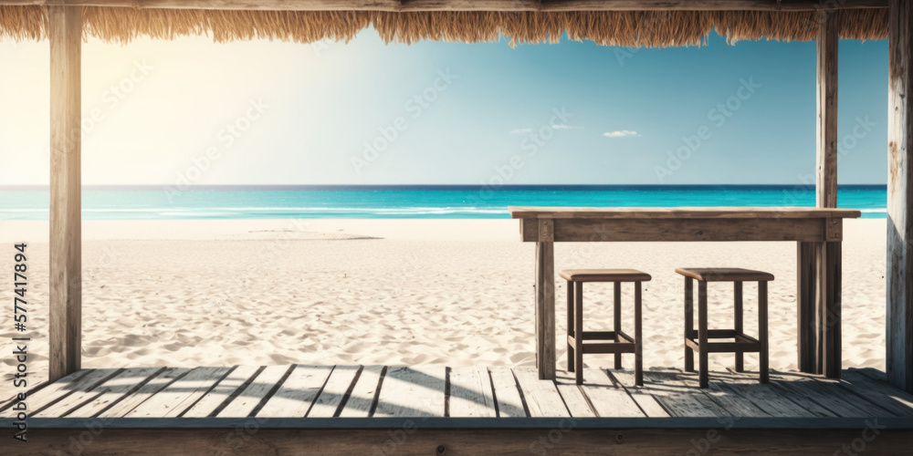 Plateau de table en bois, bar de plage avec fond flou de plage ...