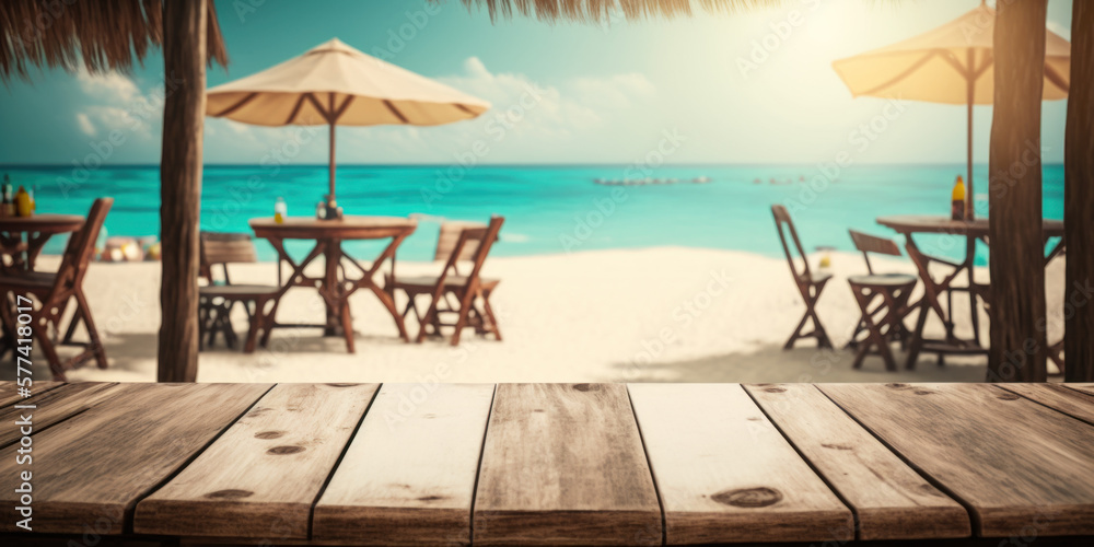 Plateau de table en bois, bar de plage avec fond flou de plage ...