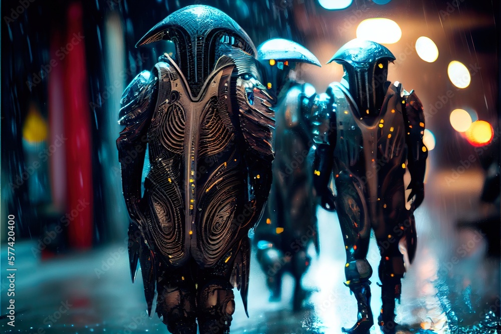 A portrait of aliens in cyberpunk science fiction. High-tech futuristic ...