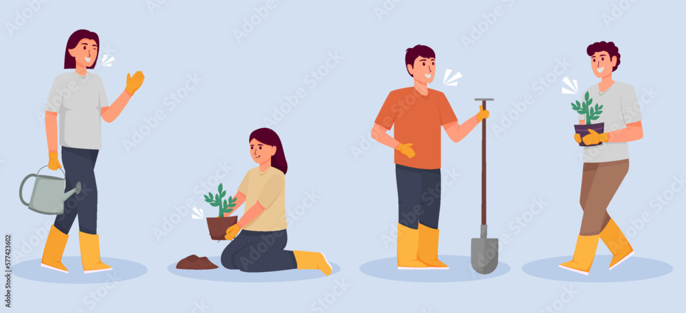 Characters planting seedlings and growing trees into soil working in ...