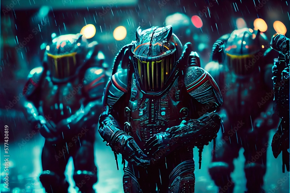 A portrait of aliens in cyberpunk science fiction. High-tech futuristic ...