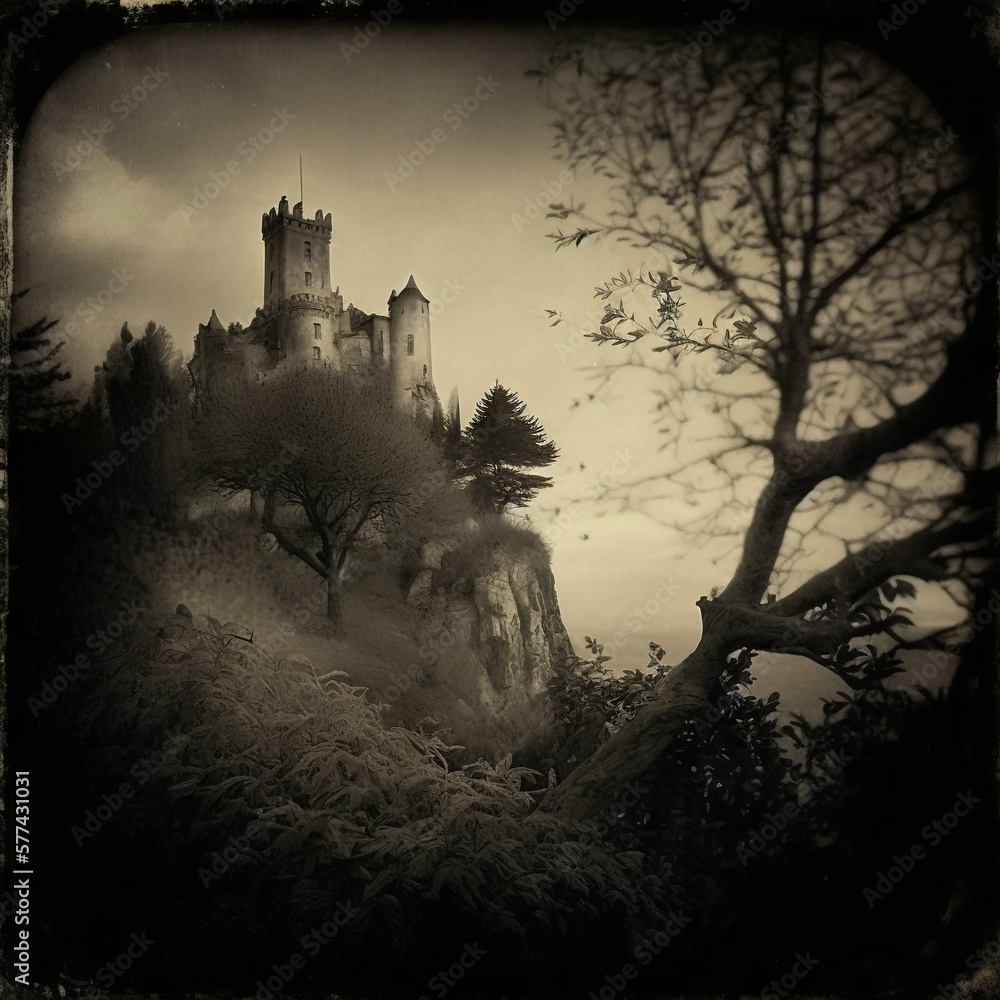 spooky castle overlooking a cliff in a foggy dark cloudy countryside ...
