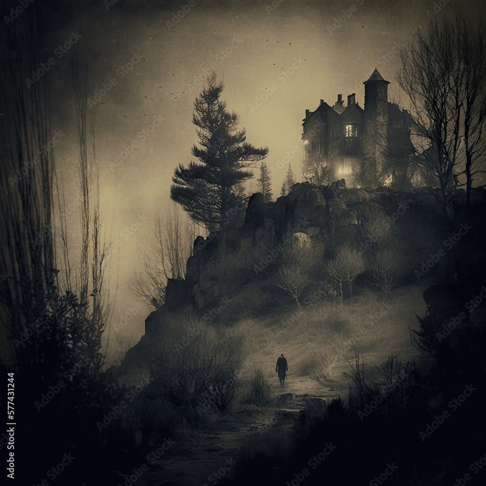 spooky castle overlooking a cliff in a foggy dark cloudy countryside ...