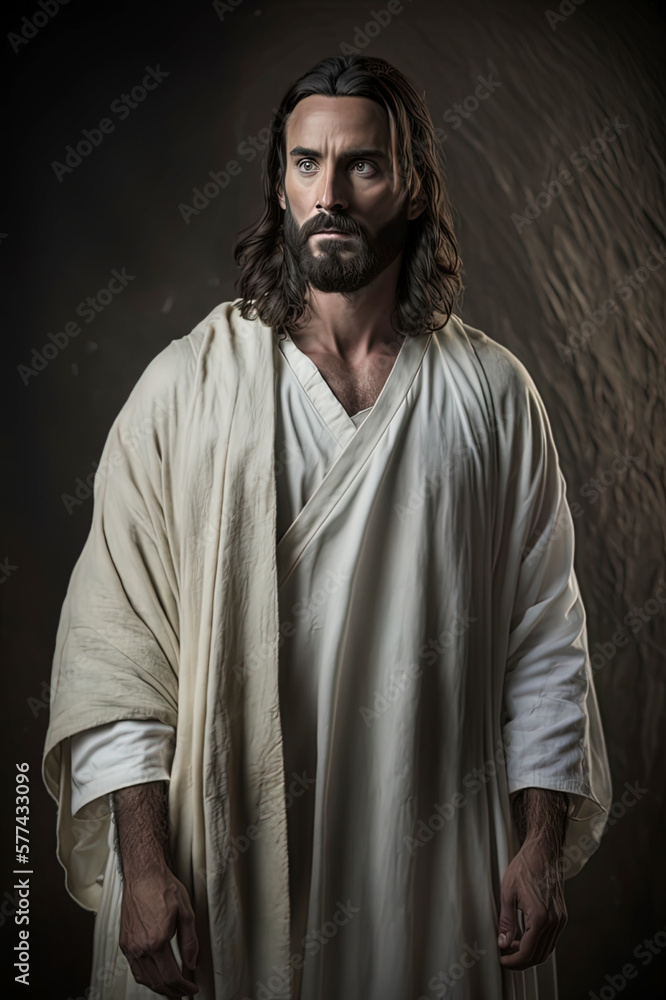 Portrait of serene Jesus Christ with a white tunic. Religious imagen of ...