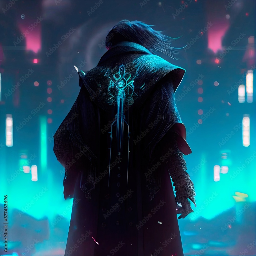 A wizard in a dark forest stands in front of a gothic old castle ...