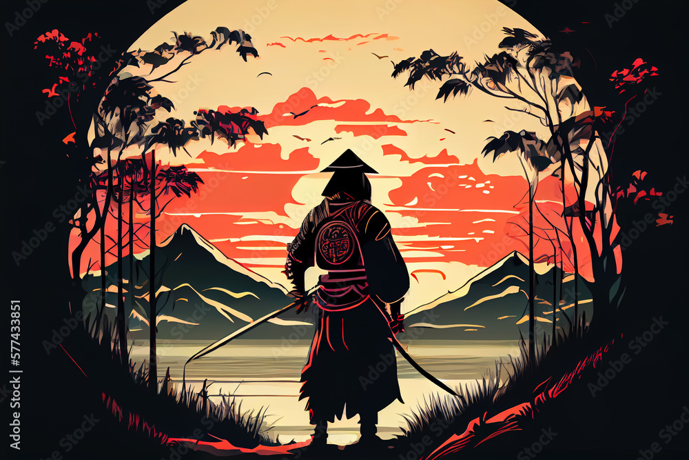 japanese drawing samurai watching the sunset. Generative AI Stock ...