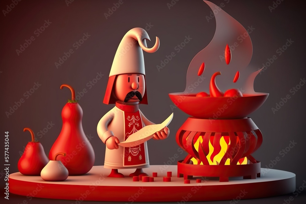 Hot red pepper cartoon caracter prepares chinese food, concept of ...
