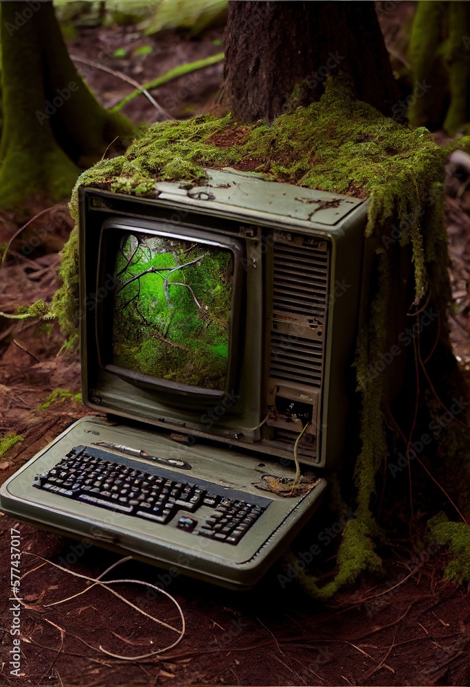 An old computer lying in the jungle. A post-apocalyptic ruin in the ...