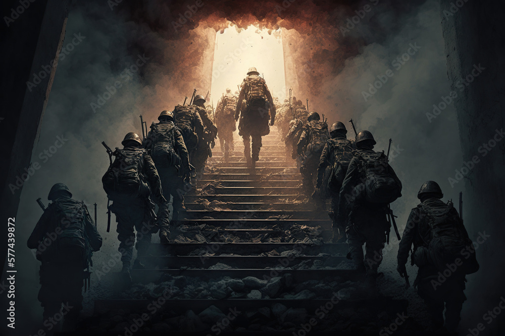 Line of soldiers standing down the stairs to hell, concept of Formation ...
