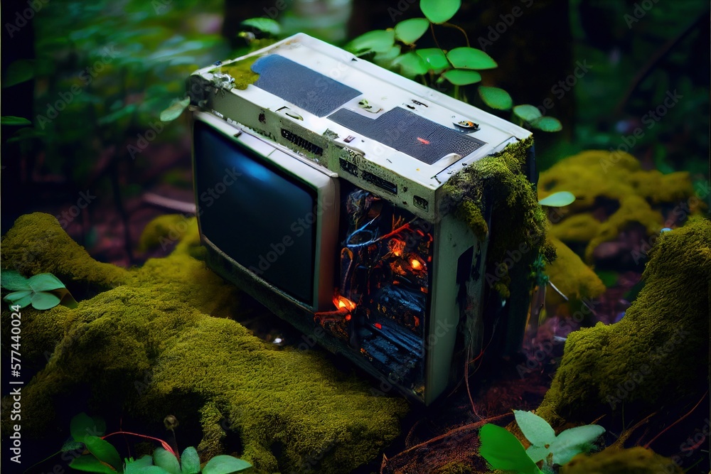 An old computer lying in the jungle. A post-apocalyptic ruin in the green jungle. Generative AI ...